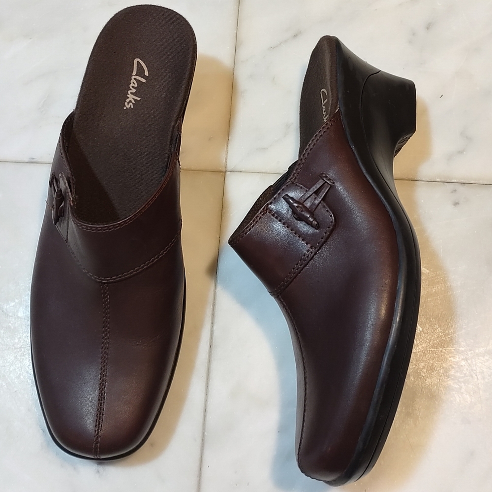 Clarks Chocolate Brown Leather Mules - Gem
